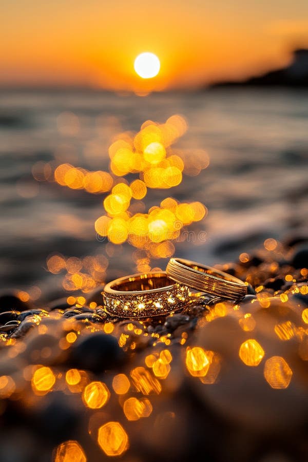 A Pair of Golden Wedding Rings on a Sandy Shore at Sunset, Symbolizing ...
