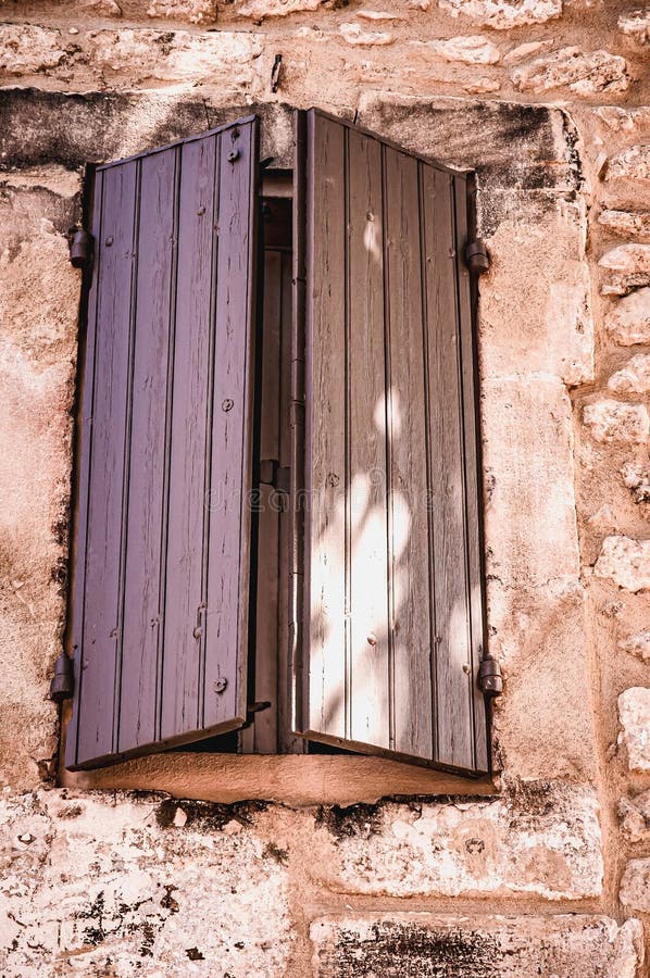 Pair of Gray-blue, Wood, Window Shutters, Partly Open Stock Image ...
