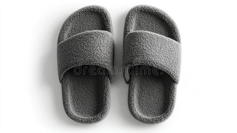 Pair of Gray Fluffy Slippers, Top View on White Background Stock ...