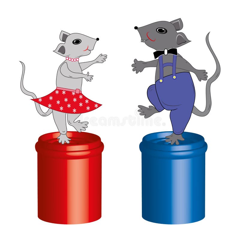 A Pair of Gray Mice Dance on Garbage Cans for Recycling, Sorting Waste ...