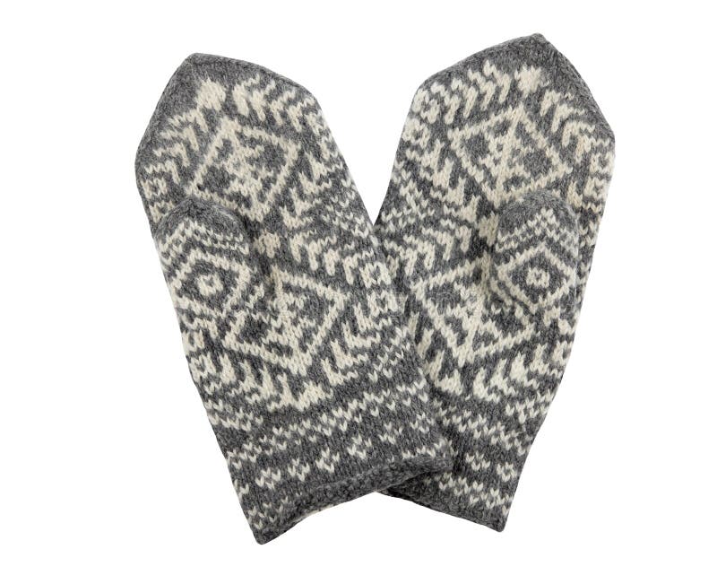 Pair of Gray and White Knitted Wool Mittens, Traditional Pattern. Stock ...
