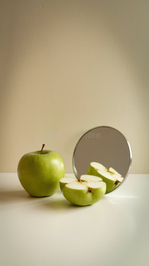Pair of Green Apples with Mirror Reflection on Bathroom Counter Stock ...