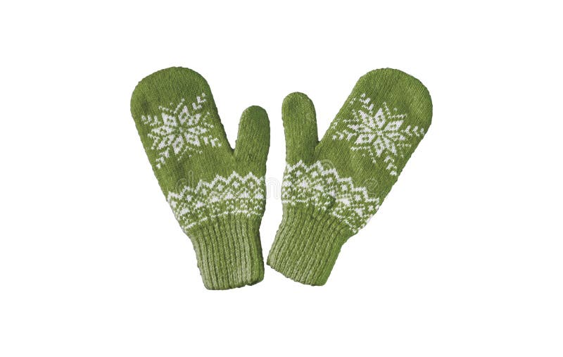Pair of Green Knitted Mittens with Christmas Pattern Isolated on Stock ...