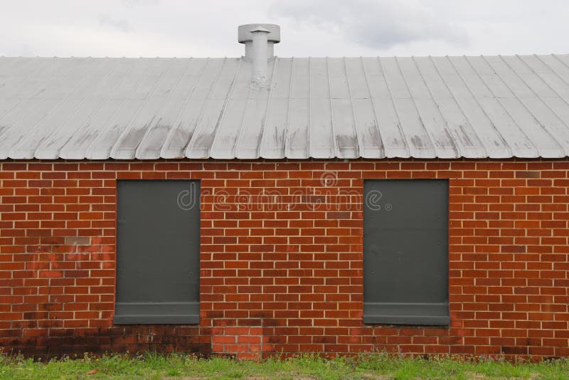 Grey Painted Over Windows Red Brick Warehouse Building Stock Image ...