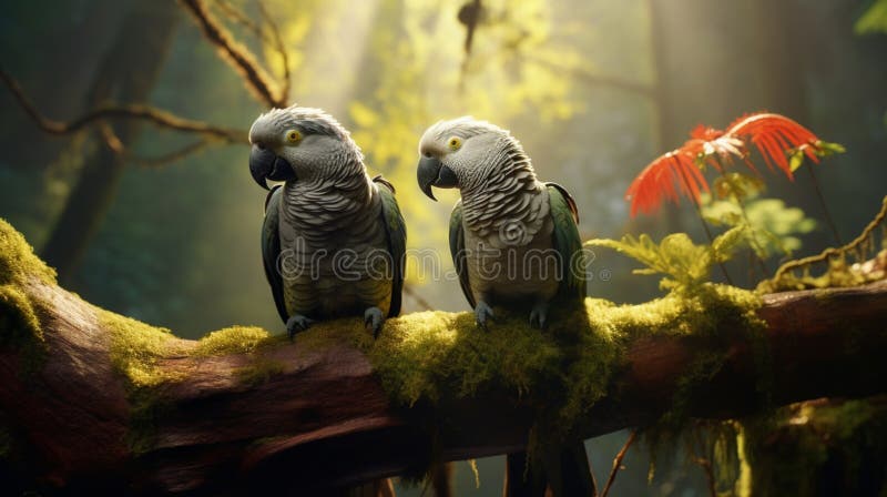 A Pair of Grey Parrots Perched on a Moss-covered Branch Stock Image ...