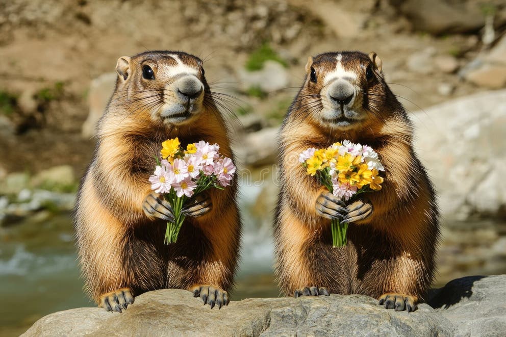 A Pair of Groundhogs Posing with Flowers on a Rocky Surface Stock Image ...