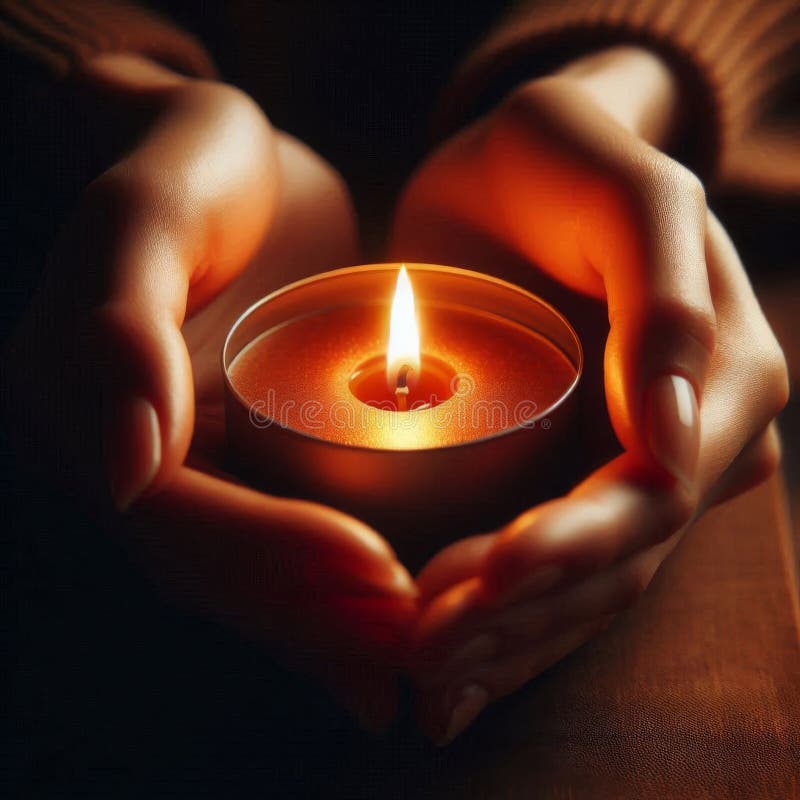 A Pair of Hands Carefully Holding a Flickering Candle, with the Warm ...