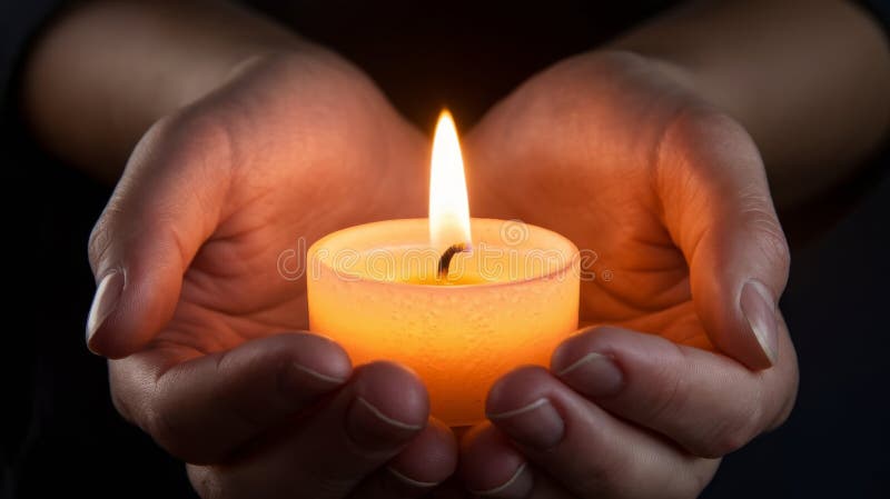 A Pair of Hands Carefully Holding a Flickering Candle, with the Warm ...