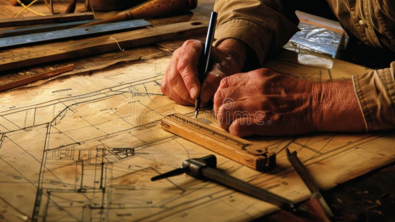 A Pair of Hands Carefully Trace a Line on a Blueprint that Lies on a ...