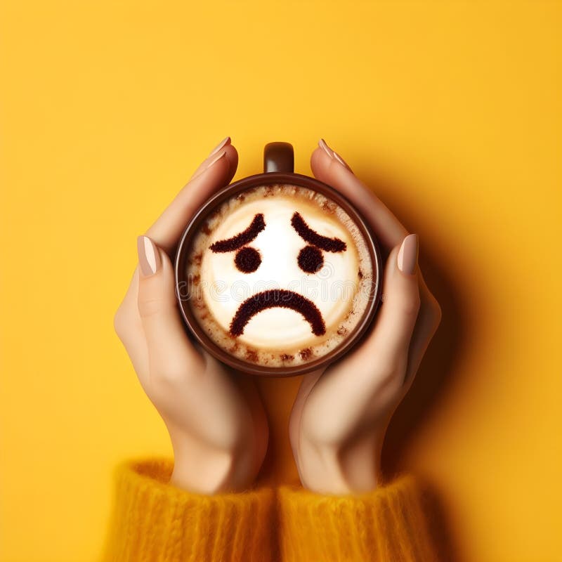 Hands Holding Coffee Latte with Sad Face Drawn on Coffee, Top View ...