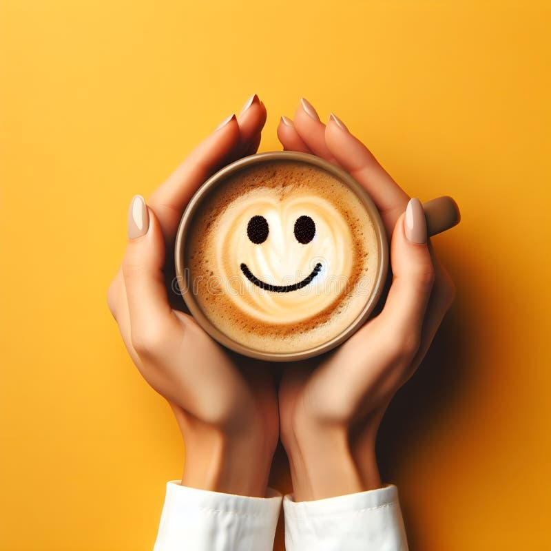 Hands Holding Coffee Latte with Smiley Face Drawn on Coffee, Top View ...