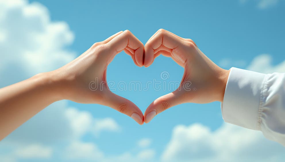 Two Hands Forming a Heart Shape Against a Blue Sky Stock Illustration ...