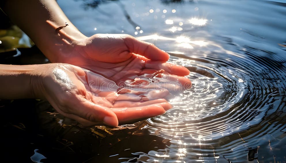 Pair of Hands Cupping Pure Water with Sunlight Reflecting Off the ...