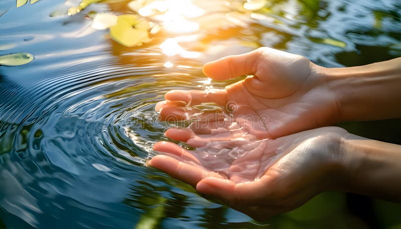 Pair of Hands Cupping Pure Water with Sunlight Reflecting Off the ...