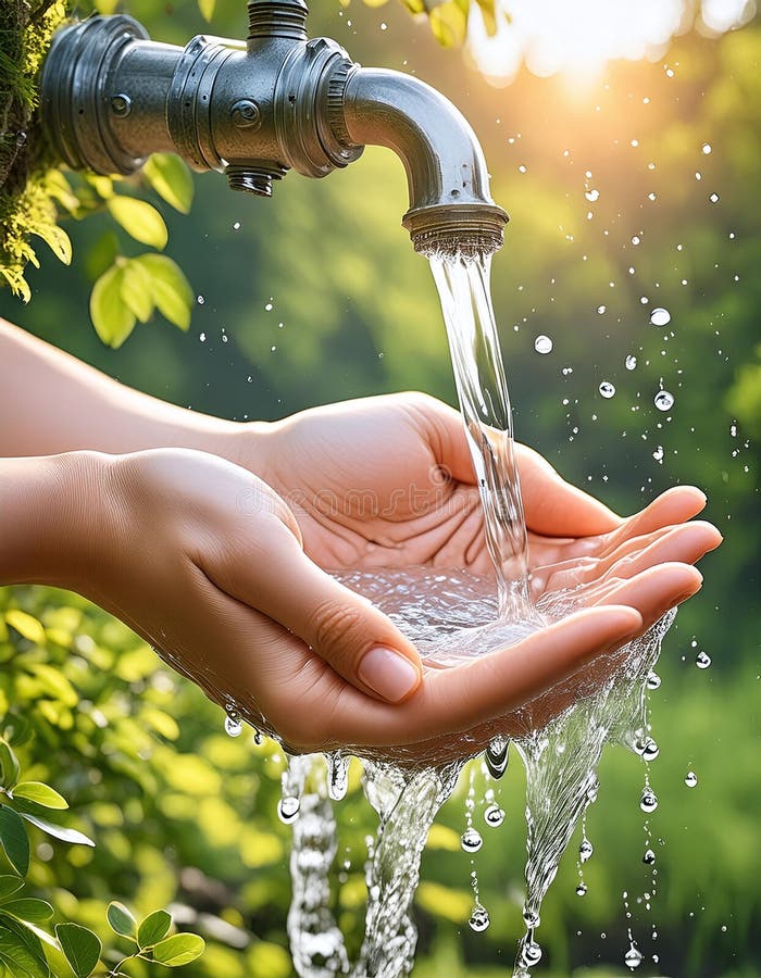 A Pair of Hands Cupping Water Flowing from a Faucet, Surrounded by Lush ...