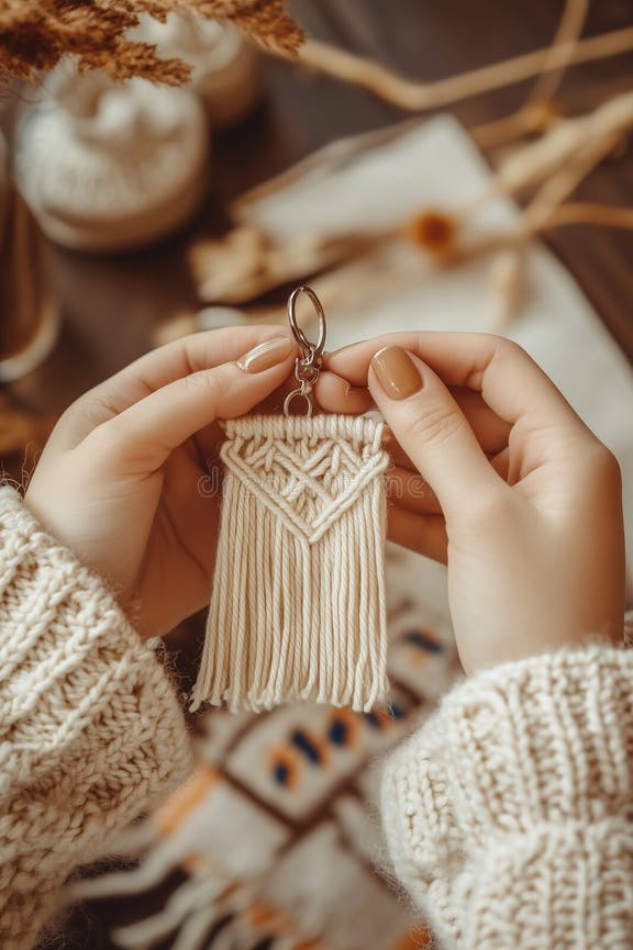 Pair of Hands Expertly Weaving a Macrame Keychain, Making it Perfect ...