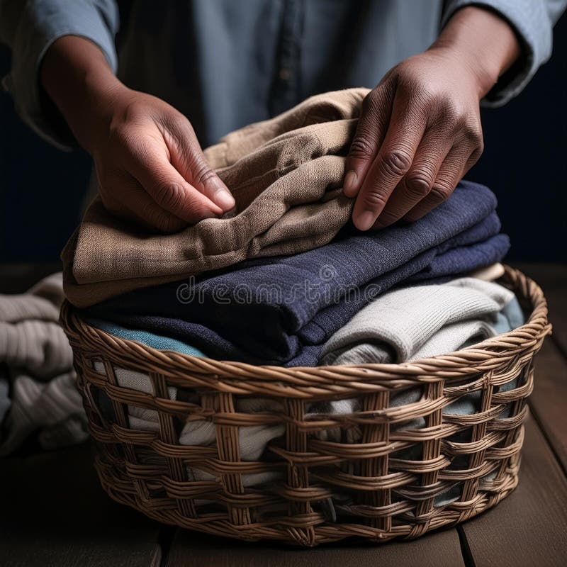 A Pair of Hands Folding Freshly Laundered Clothes, with a Laundry ...