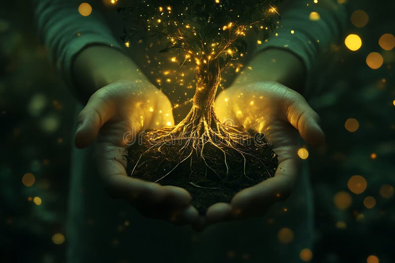 Glowing Tree of Life Held in Hands Mystical Nature Illustration Stock ...