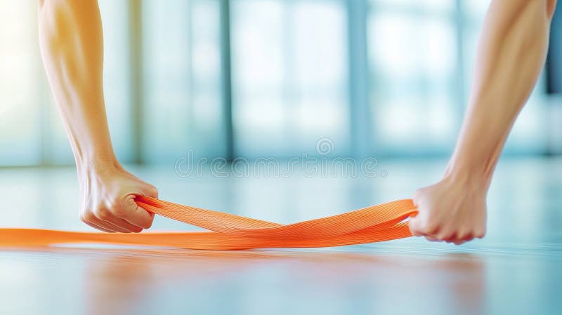 Hands Stretch a Vibrant Resistance Band in an Empty Studio, Emphasizing ...