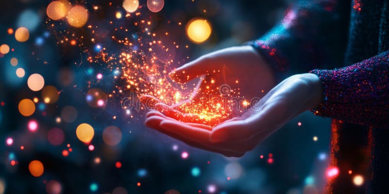 A Pair of Hands Hold Shimmering Particles of Light in a Magical Display ...