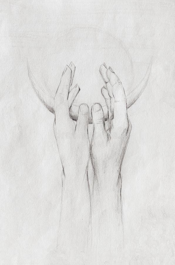 Pair of Hands Holding a Crescend Moon Symbol, Drawing on Paper. Stock ...