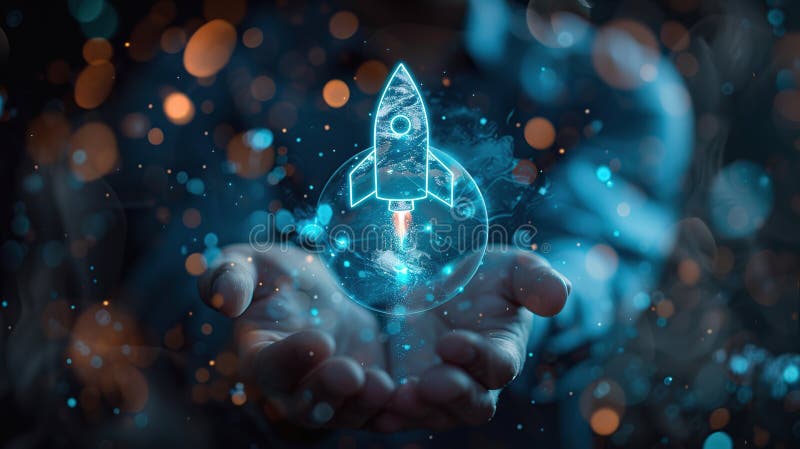 Hands Holding a Rocket Icon with a Blurred Background Stock ...