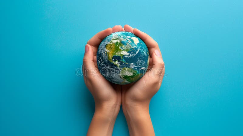Pair of Hands Holding a Earth Globe on Blue Background. World Earth Day ...