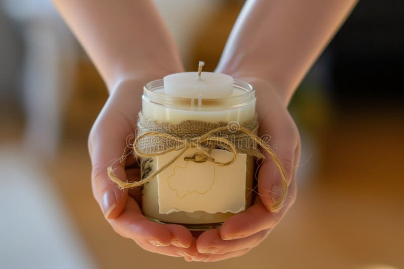 A Pair of Hands Holding a Finished Candle with a Label and Twine Stock ...