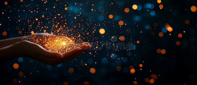 Pair of Hands Holding Glowing Particles, Creating Magical Light Effect ...