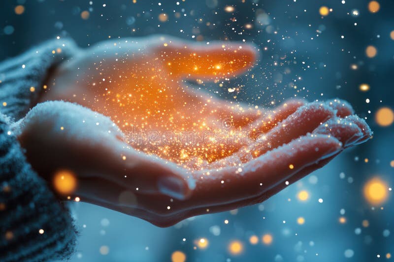 Pair of Hands Holding Glowing Particles in Snowy Environment, Creating ...