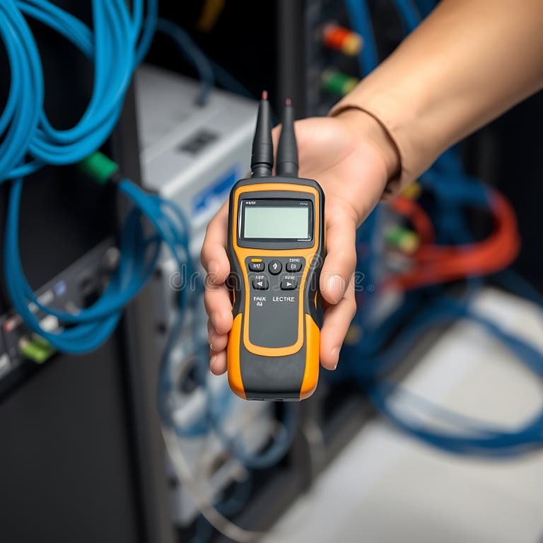 A Pair of Hands Holding a Network Cable Tester with a Background ...