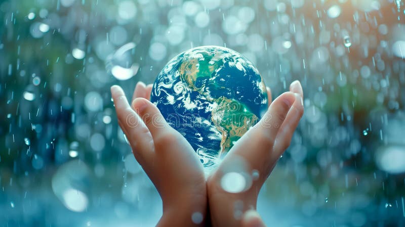 Pair of Hands Holding a Transparent Globe with Streams of Water. World ...