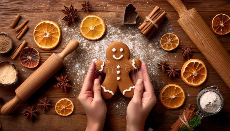 A Pair of Hands Holds a Decorated Gingerbread Man Cookie Surrounded by ...