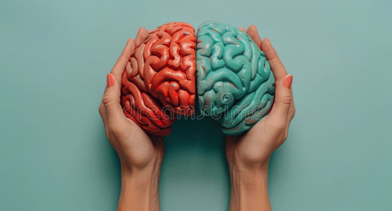 Two Hands Holding a Red and Green Brain Model on a Blue Background ...