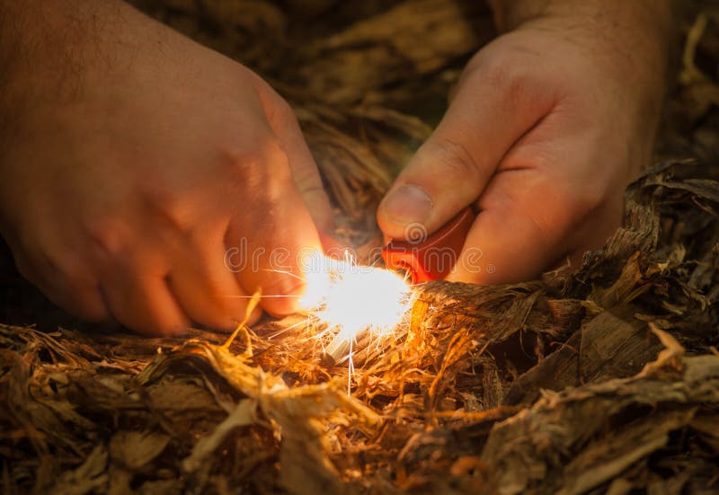 Making a Fire with Flint and Steel Stock Image - Image of scout, fire ...