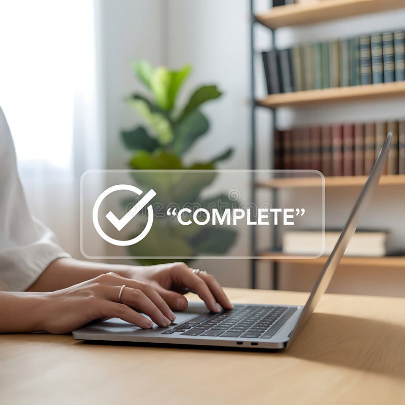 Hands Typing on Laptop with Complete Message and Checkmark Symbol ...