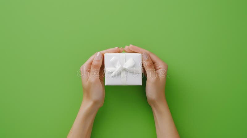 A Pair of Hands Offers a Small Gift Box, Set Against a Vibrant Green ...