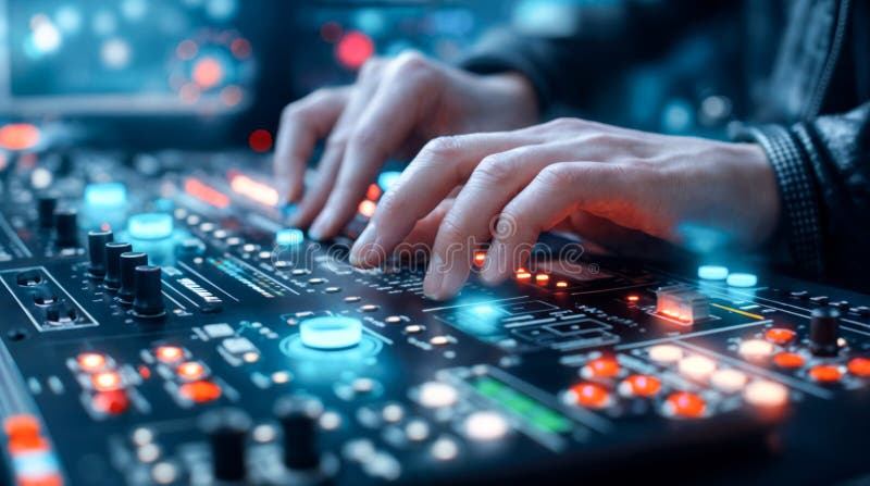 A Pair of Hands are Operating a Digital Audio Mixing Console. the ...