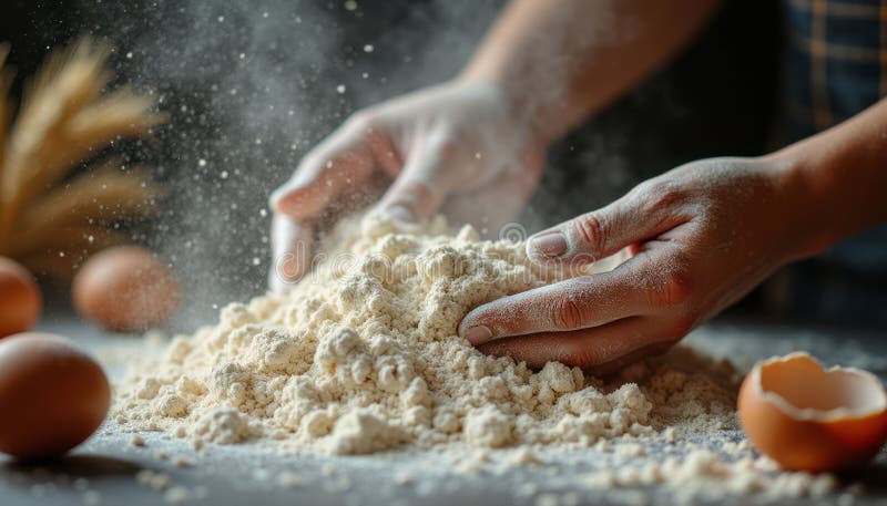 Hands Kneading Flour with Eggs Scattered Around Stock Photo - Image of ...