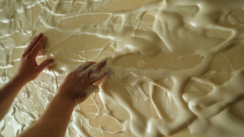 Pair of Hands Spread White, Textured Material Onto a Wall, Engaging in ...
