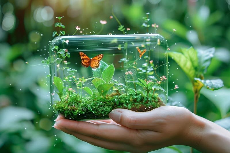 Ecosystem in Glass Hands AI Generated Stock Illustration - Illustration ...