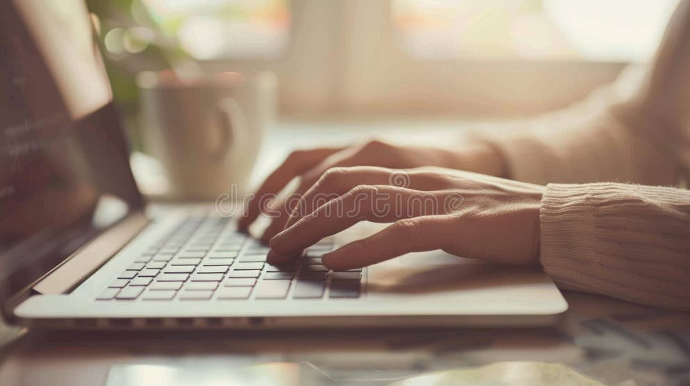 A Pair of Hands Typing on a Laptop Keyboard, Illuminated by Soft Light ...