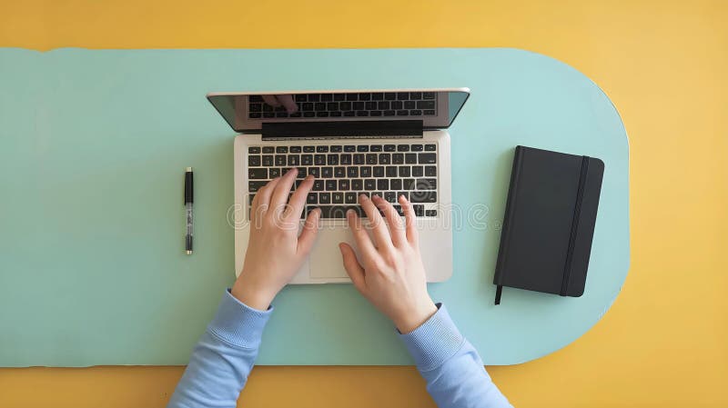 A Pair of Hands is Typing on a Laptop Keyboard, the Screen is Closed ...