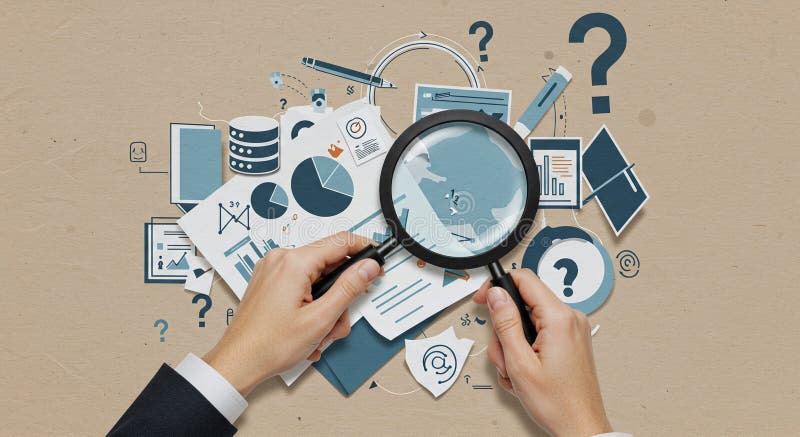 Analyzing Business Data with Magnifying Glass Stock Illustration ...