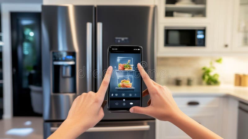 Controlling Smart Refrigerator with Digital App on Mobile Device Stock ...