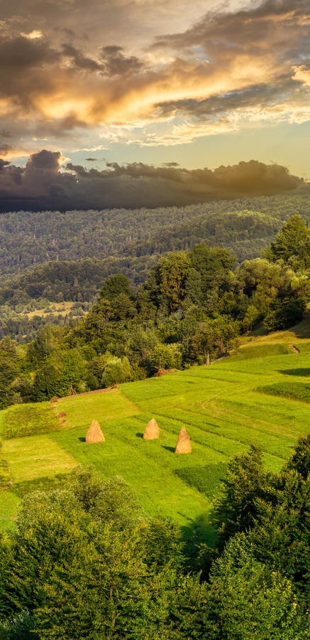 Pair of Haystacks and Tree in Mountain at Sunset Stock Photo - Image of ...