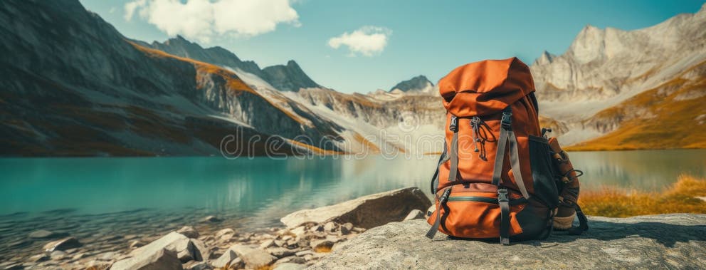 A Pair of Hiking Boots and a Backpack on the Side of a Lake Stock Photo ...