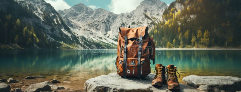 A Pair of Hiking Boots and a Backpack on the Side of a Lake Stock Image ...