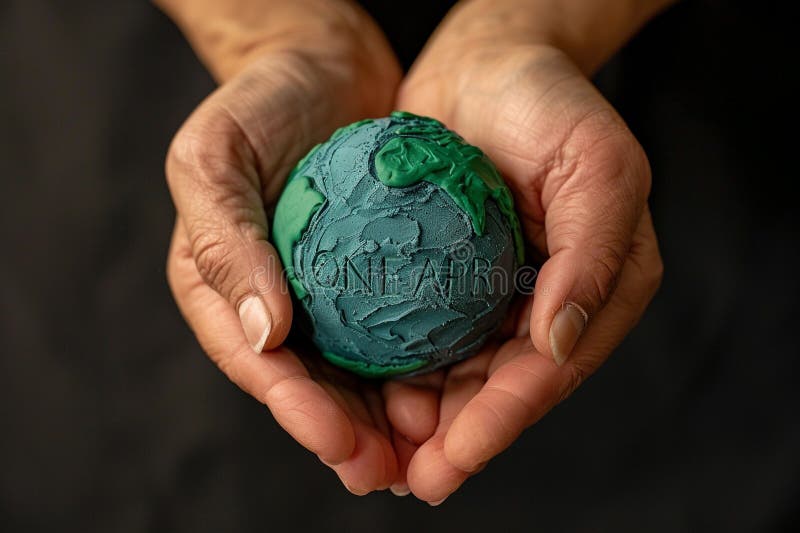 A Pair of Human Hands Gently Cradles a Stylized Clay Model of the Earth ...