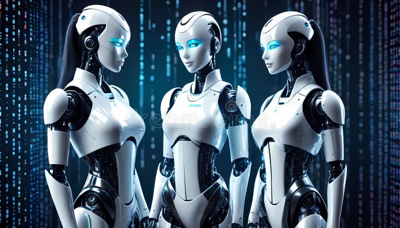 Pair of Humanoid Cyber Girl Robots with Binary Code Represent Artificial Intelligence AI Stock ...